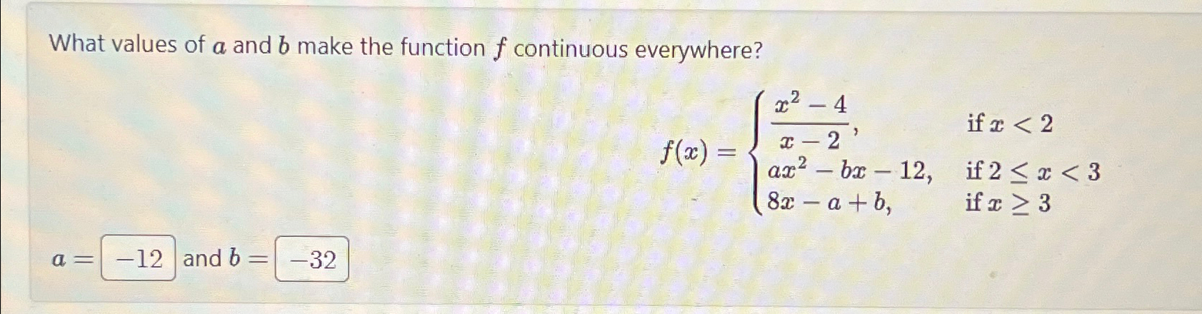 Solved What values of a and b ﻿make the function f | Chegg.com