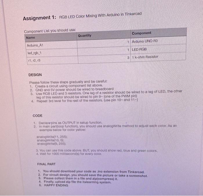 Solved Assignment 1: RGB LED Color Mixing With Arduino in | Chegg.com