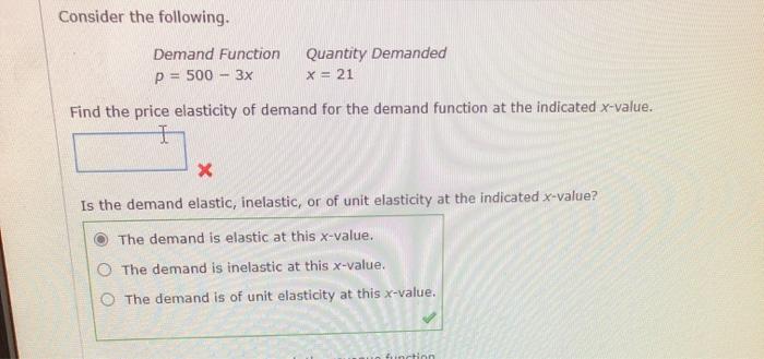 Solved Consider the following. Demand Function p = 500 - 3x | Chegg.com