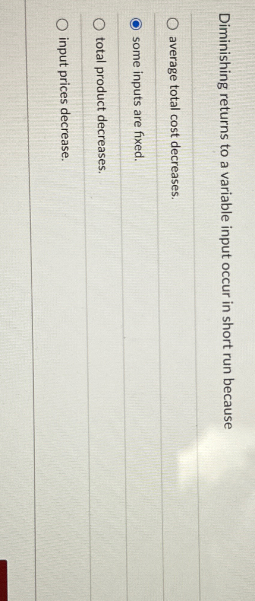 Solved Diminishing returns to a variable input occur in | Chegg.com
