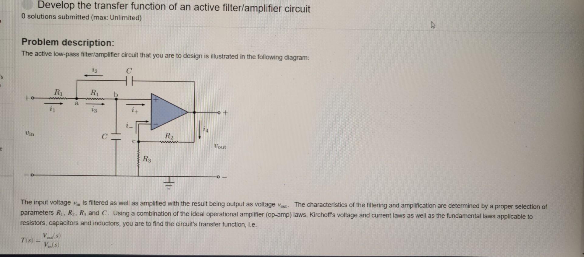 Solved Develop the transfer function of an active | Chegg.com
