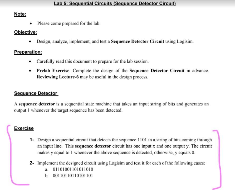 Solved Lab 5: Sequential Circuits (Sequence Detector | Chegg.com