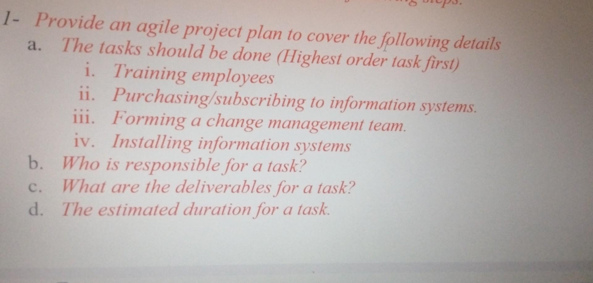 Solved - Provide an agile project plan to cover the | Chegg.com