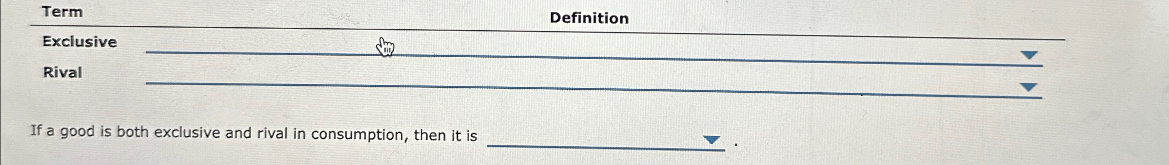 Solved TermDefinitionExclusiveRival q,q,If a good is both | Chegg.com