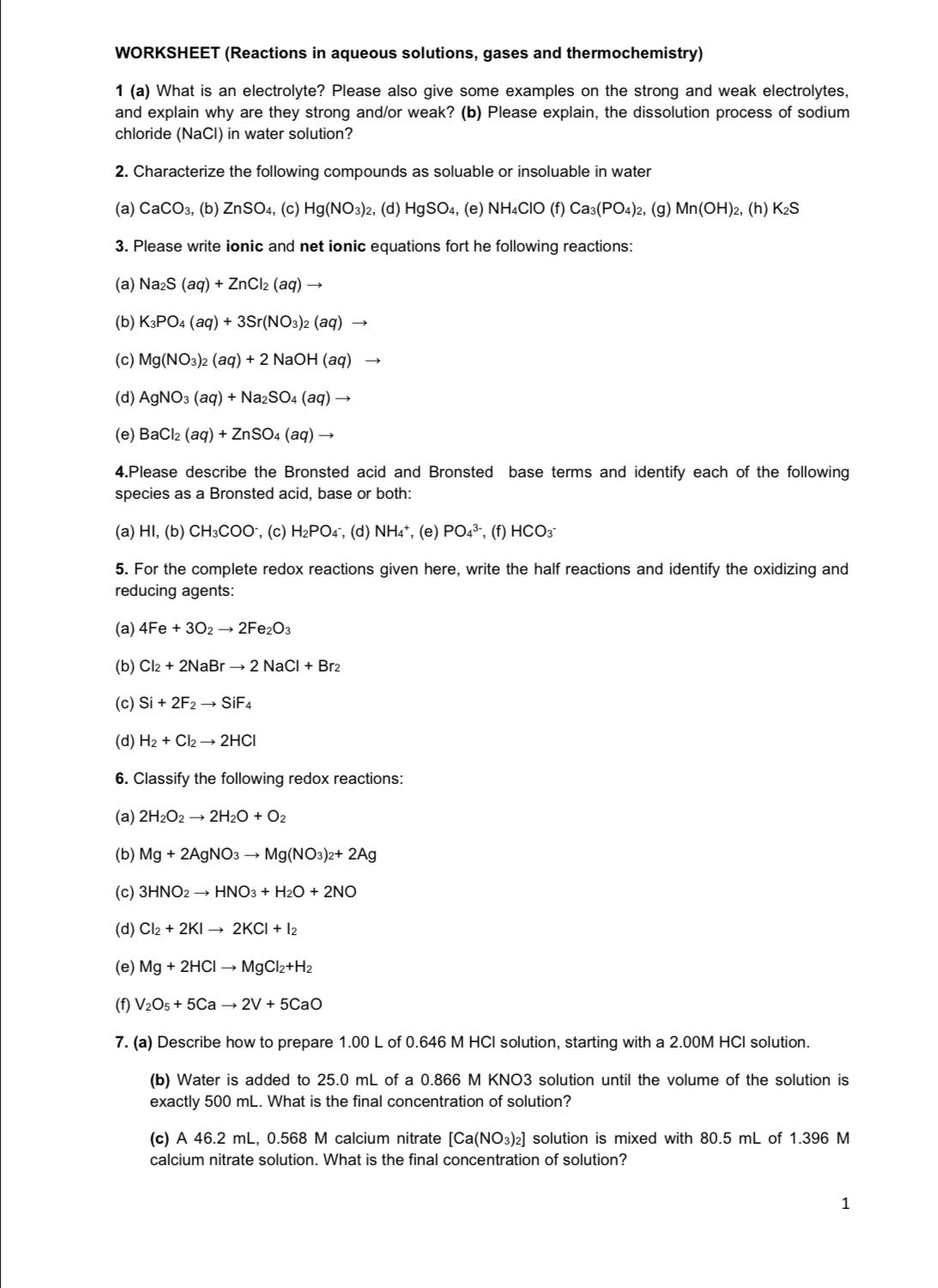 Solved WORKSHEET (Reactions in aqueous solutions, gases and | Chegg.com