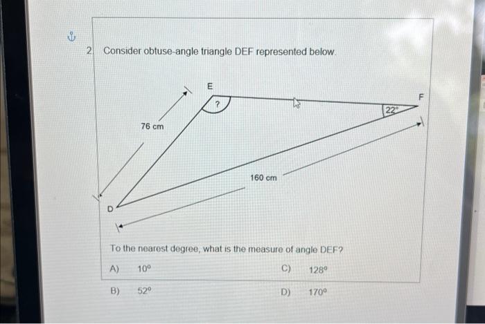 Solved Consider obtuse-angle triangle DEF represented below. | Chegg.com