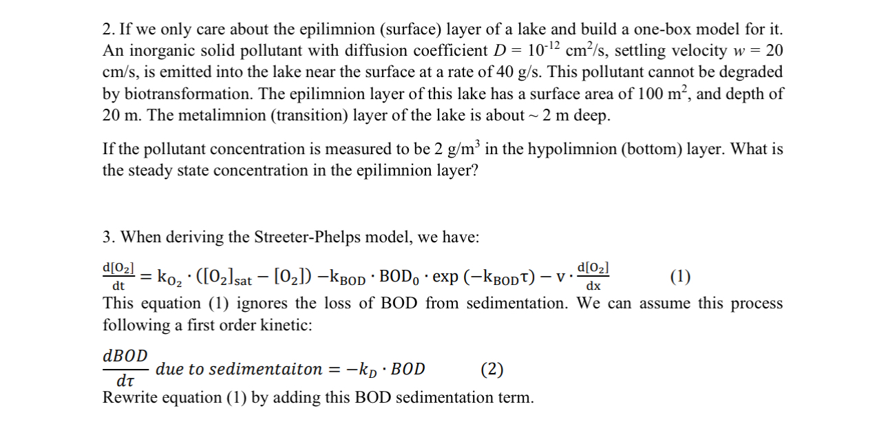 Solved If we only care about the epilimnion (surface) ﻿layer | Chegg.com