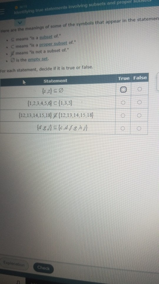 Solved Identifying true statements involving subsets and | Chegg.com