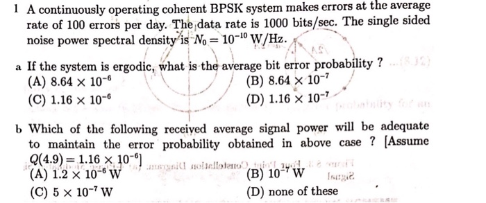 Solved 1 A continuously operating coherent BPSK system makes | Chegg.com