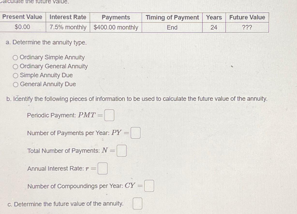 \table[[Present Value,Interest Rate,Payments,Timing | Chegg.com