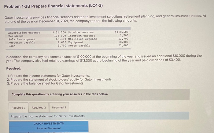Solved Problem 1-3B Prepare financial statements (L01-3) | Chegg.com