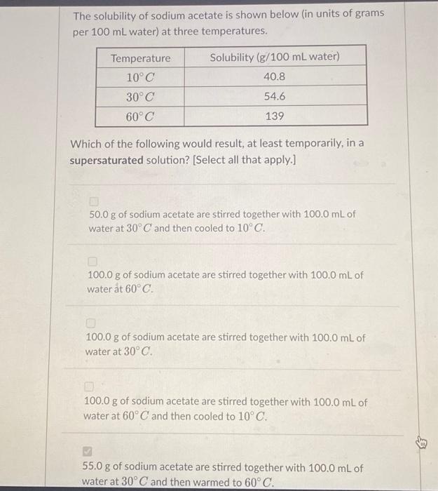 Solved The solubility of sodium acetate is shown below (in | Chegg.com