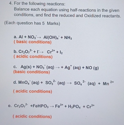 Solved For the following reactions:Balance each equation | Chegg.com