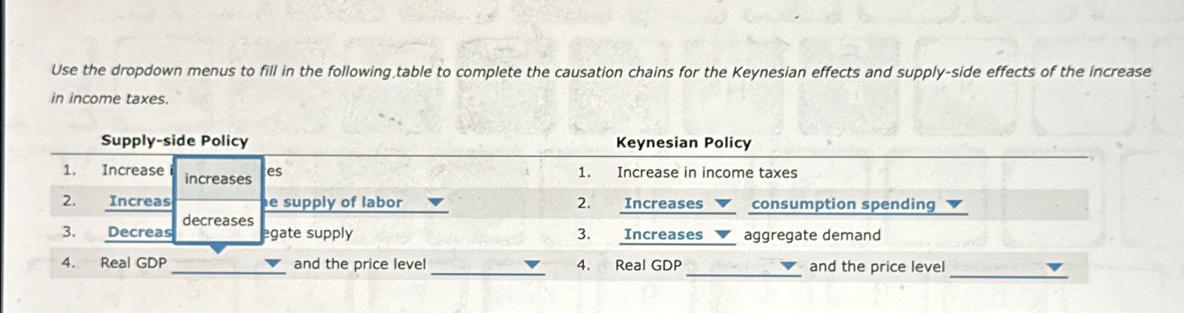 Solved Use the dropdown menus to fill in the following table | Chegg.com