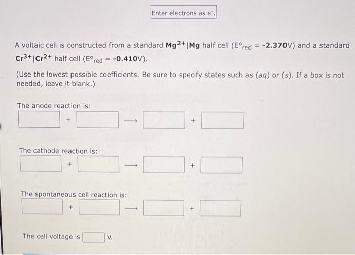 Solved A voltaic cell is constructed from a standard Mg2+∣Mg | Chegg.com