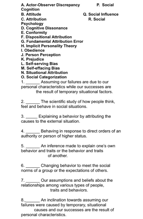 Solved A. Actor-Observer Discrepancy P. Social Cognition B. | Chegg.com