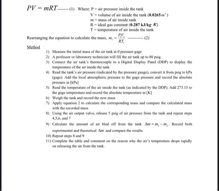 Solved PV RT PV = mRT.......- (1) Where: P = air pressure | Chegg.com