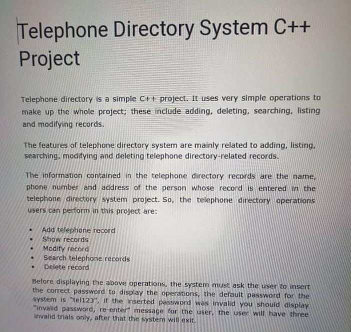 Solved Telephone Directory System C++ Project Telephone | Chegg.com