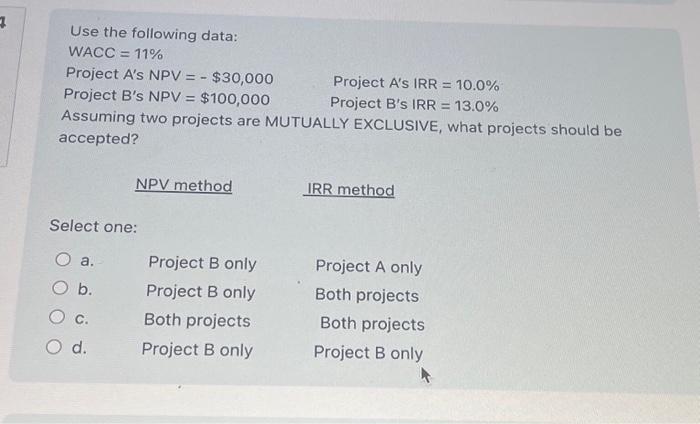 Solved Use the following data: WACC =12% Project A's NPV | Chegg.com