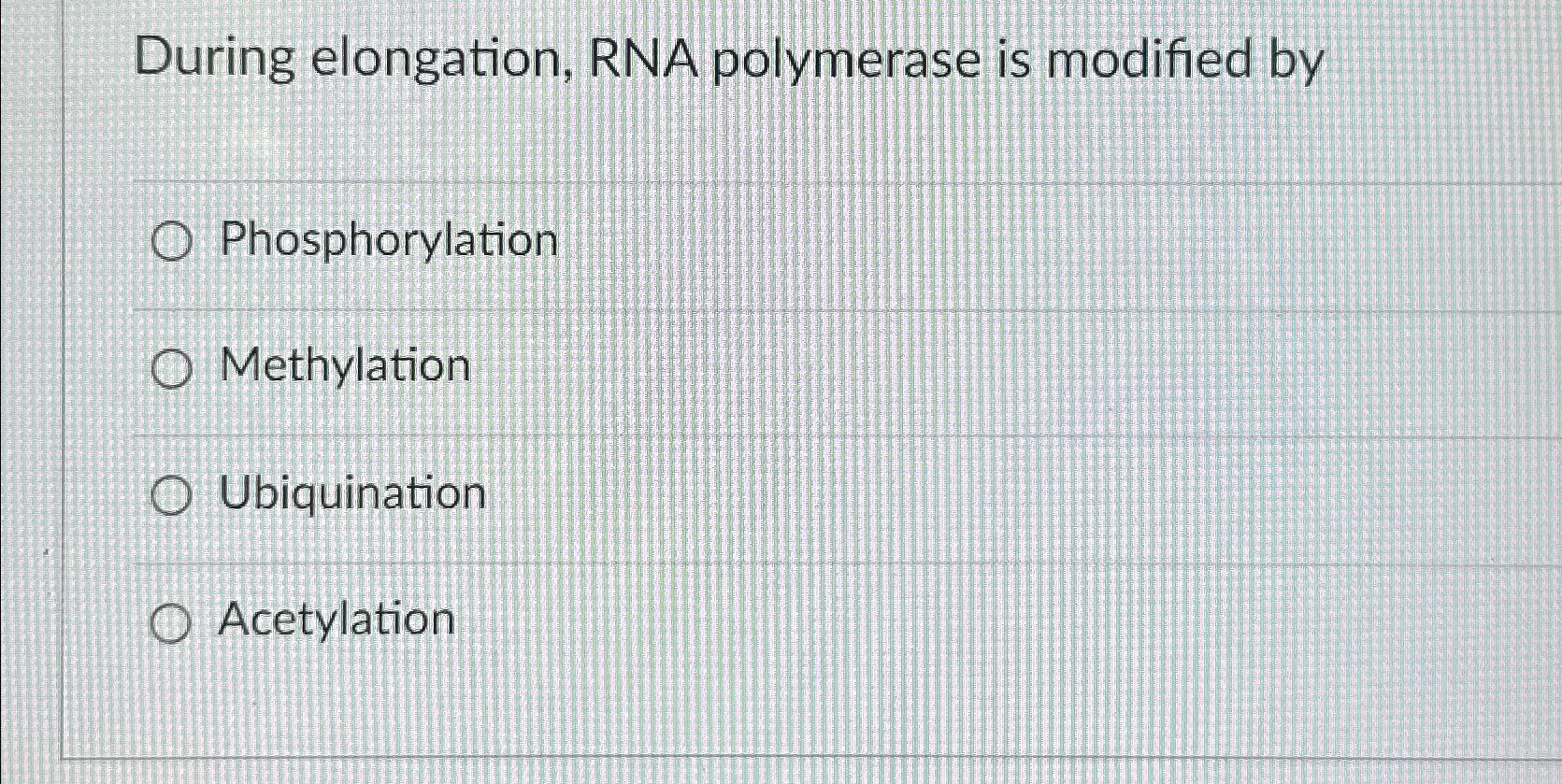 Solved During elongation, RNA polymerase is modified | Chegg.com