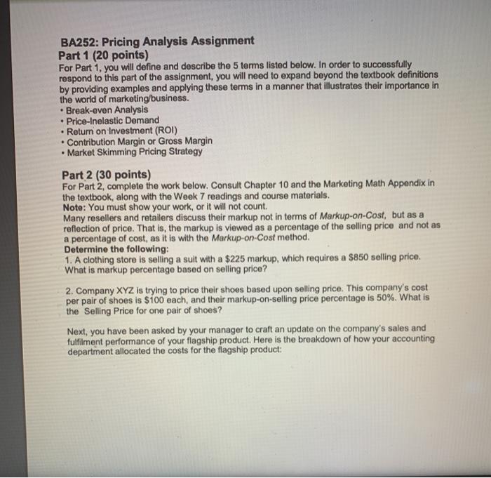 BA252: Pricing Analysis Assignment Part 1 (20 points) | Chegg.com BA252: Pricing Analysis Assignment Part 1 (20 points) | Chegg.com