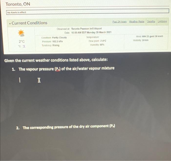Solved Toronto, ON No Alerts in effect Current Conditions | Chegg.com