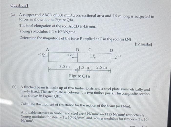 Solved (a) A copper rod ABCD of 800 mm2 cross-sectional area | Chegg.com