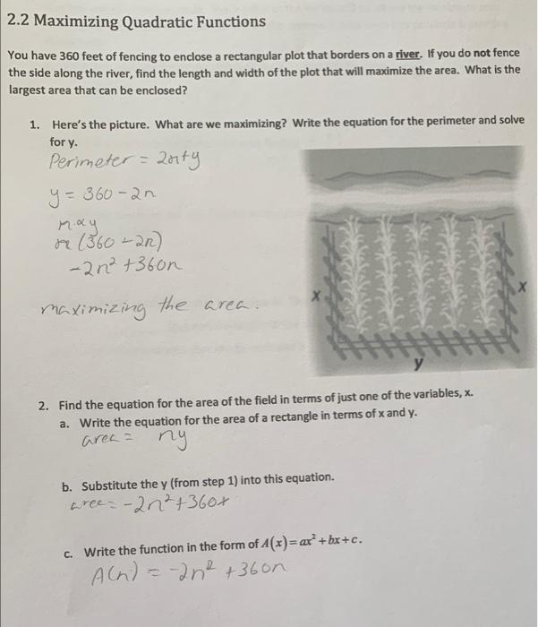 Solved 2.2 Maximizing Quadratic Functions You have 360 feet | Chegg.com