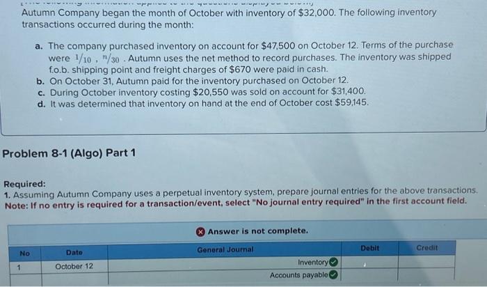 Solved Autumn Company began the month of October with | Chegg.com