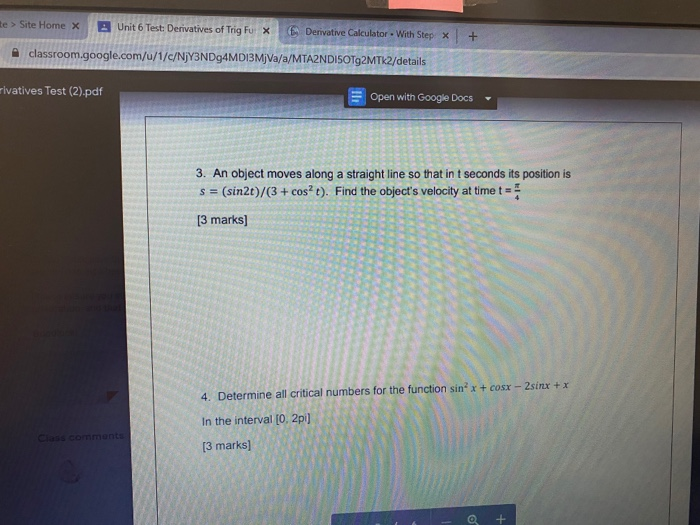 Solved te > Site Home X Unit 6 Test: Derivatives of Trig Fu | Chegg.com