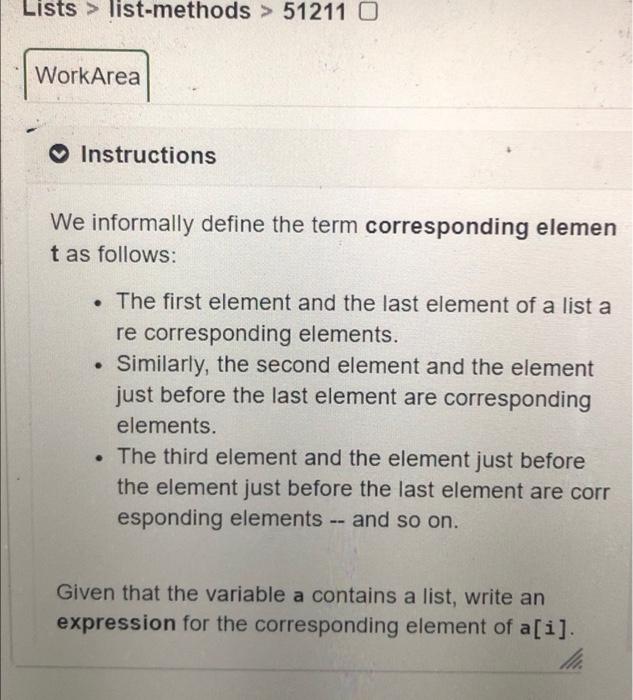 Solved Lists > list-methods > 51211 O WorkArea Instructions | Chegg.com