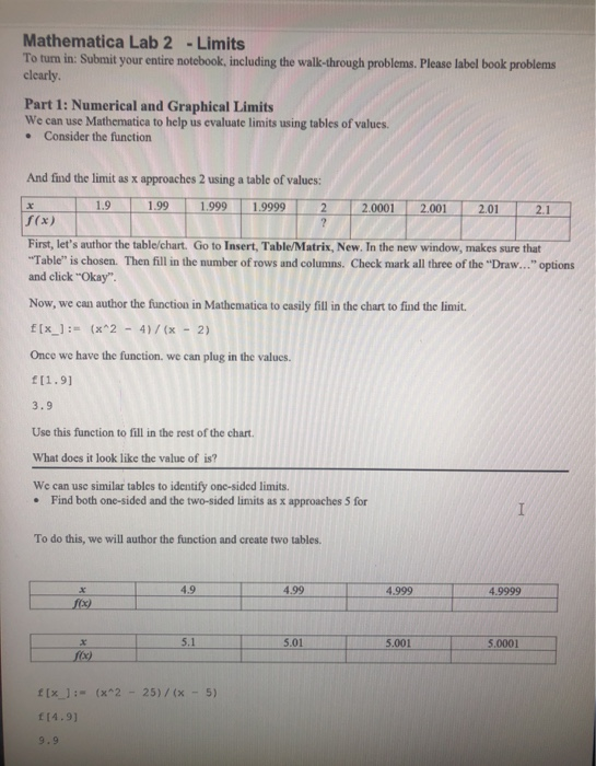 Mathematica Lab 2 - Limits To tum in: Submit your | Chegg.com