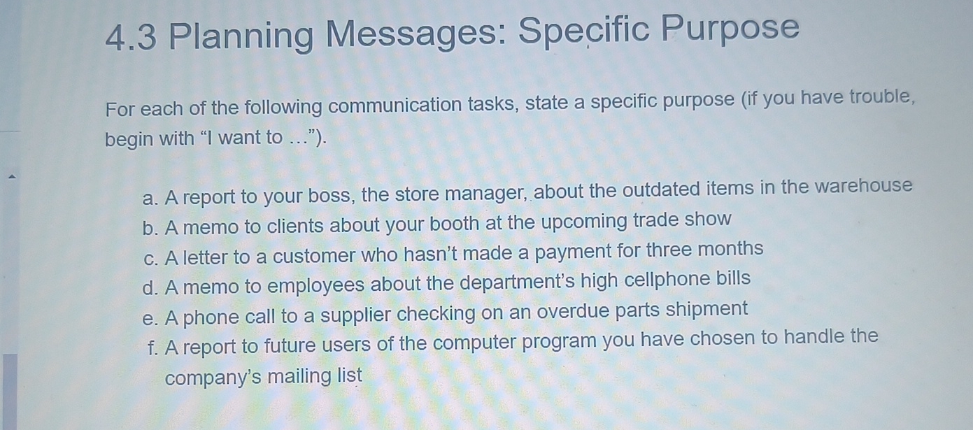 Solved 4.3 ﻿Planning Messages: Specific PurposeFor each of | Chegg.com