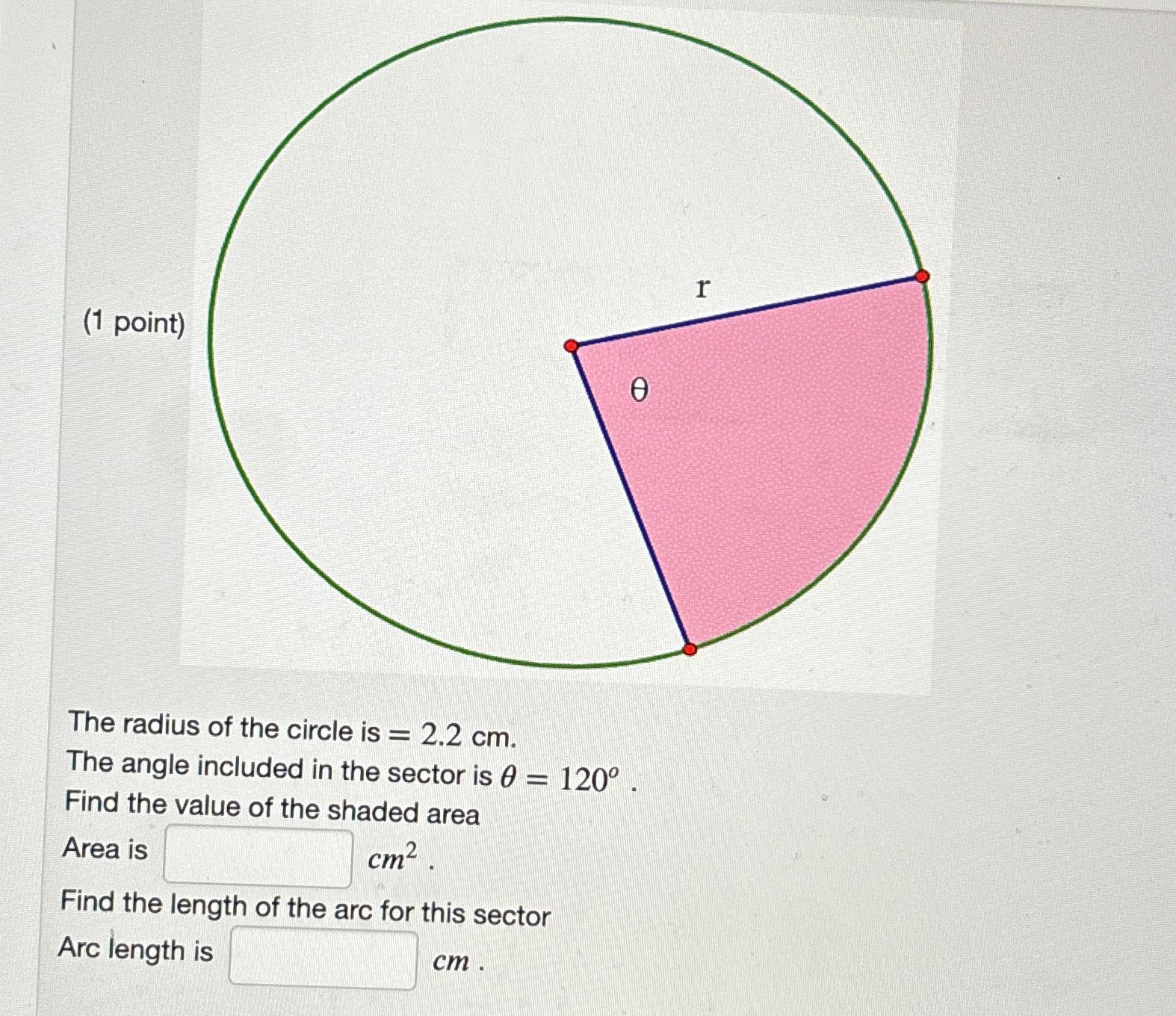 Solved The radius of the circle is =2.2cm.The angle included | Chegg.com