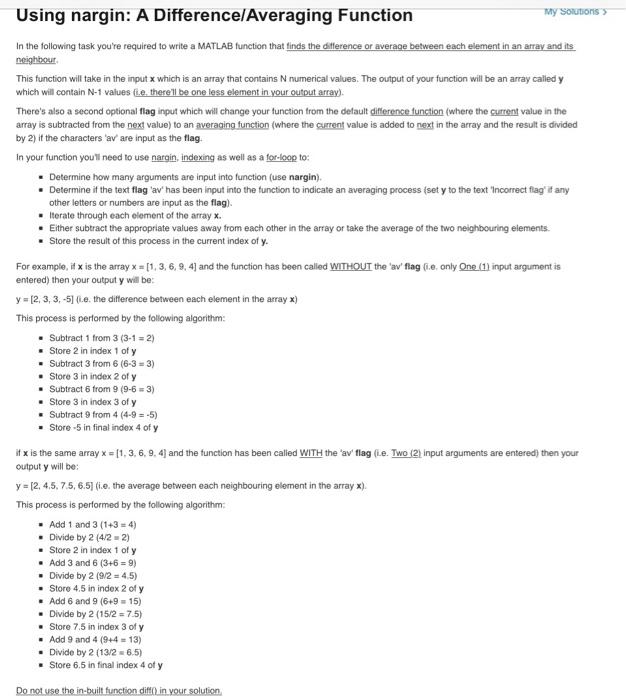 Solved My Solutions > Using nargin: A Difference/Averaging | Chegg.com