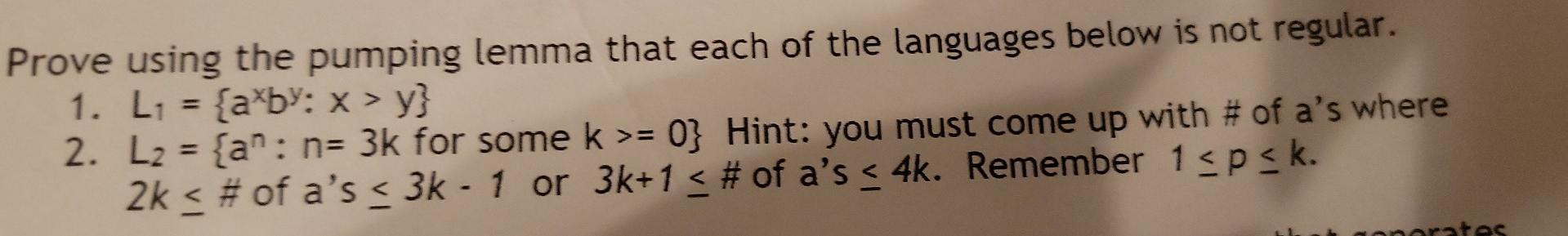 Solved Prove using the pumping lemma that each of the | Chegg.com