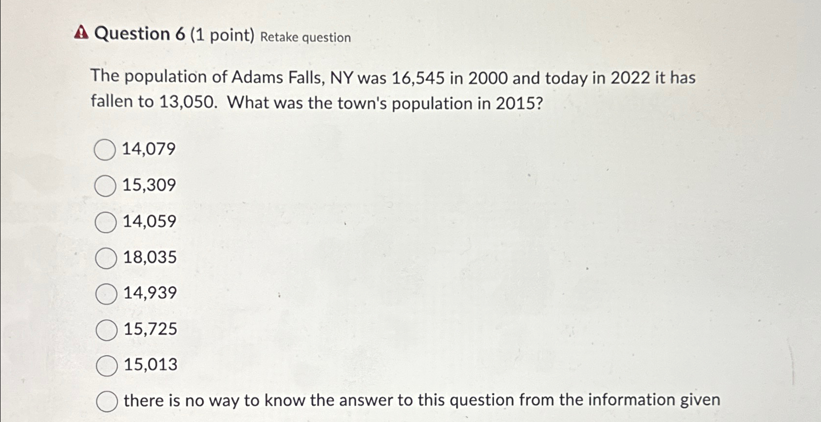 Solved Question 6 (1 ﻿point) ﻿Retake questionThe population | Chegg.com