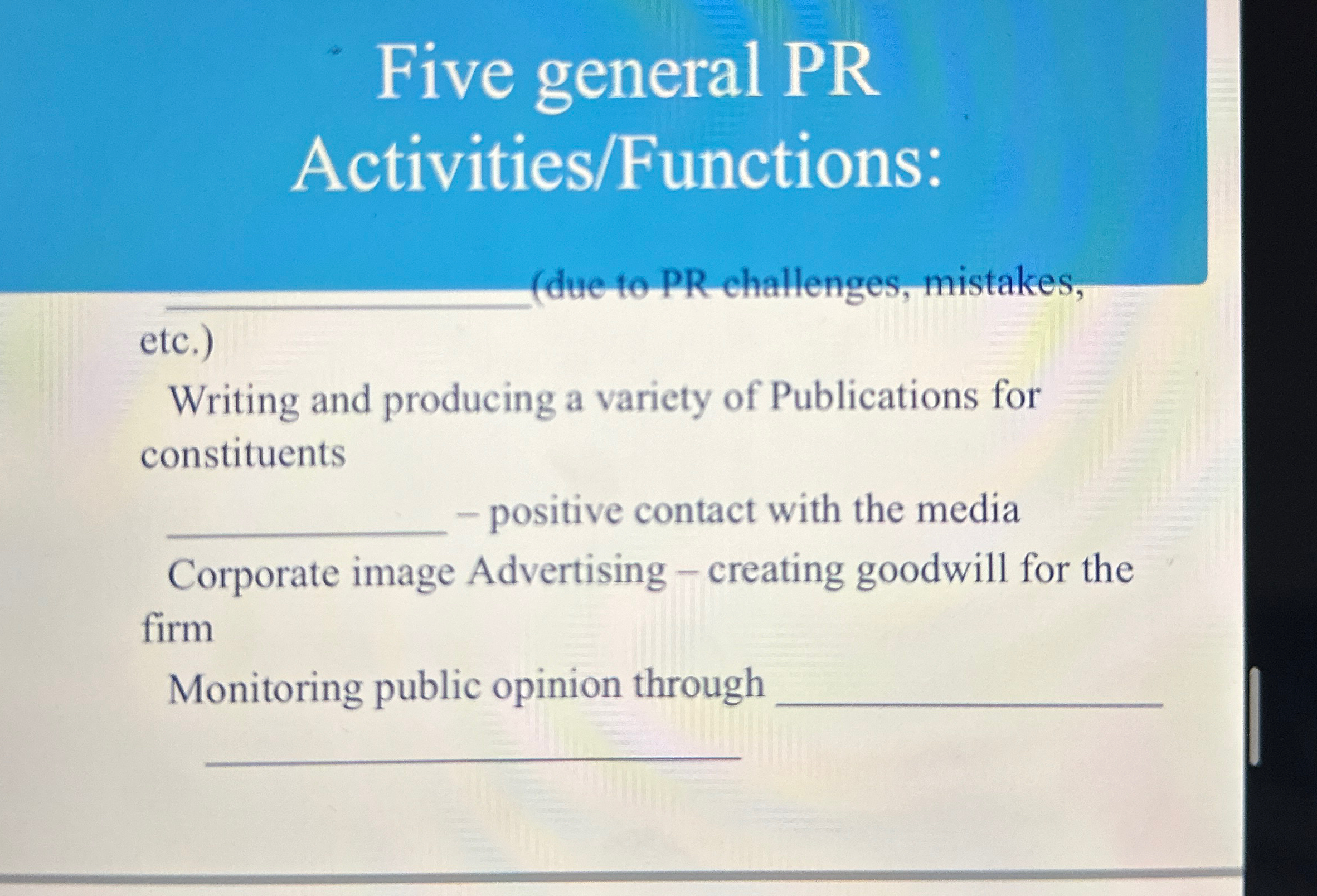 Solved Five general PR Activities/Functions: q, (due to PR- | Chegg.com