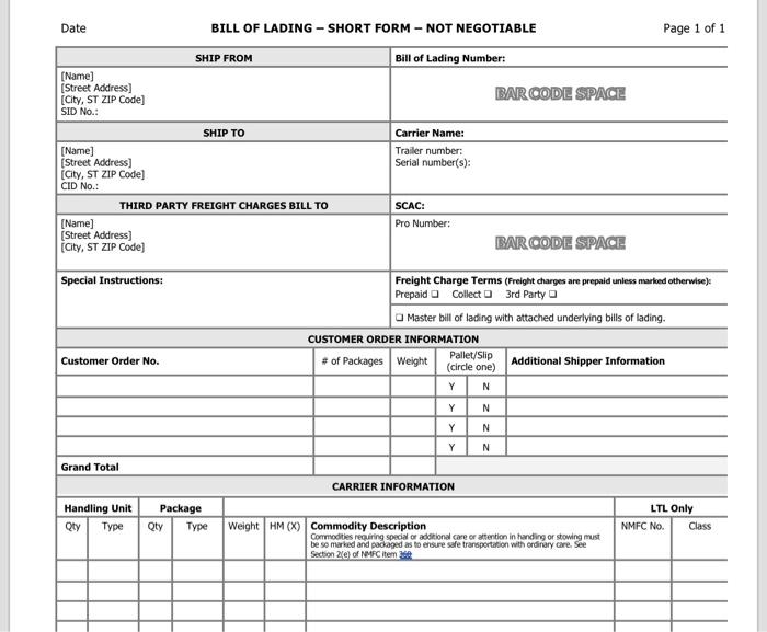 Date BILL OF LADING - SHORT FORM - NOT NEGOTIABLE | Chegg.com