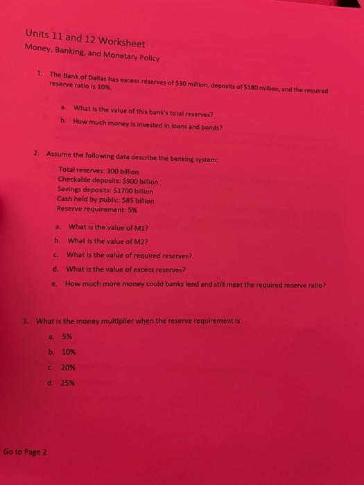Solved Units 11 and 12 Worksheet Money, Banking, and | Chegg.com