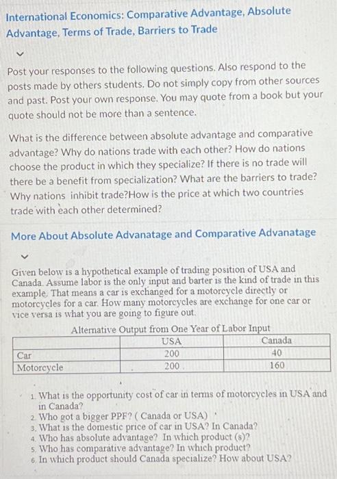 Solved International Economics: Comparative Advantage, | Chegg.com