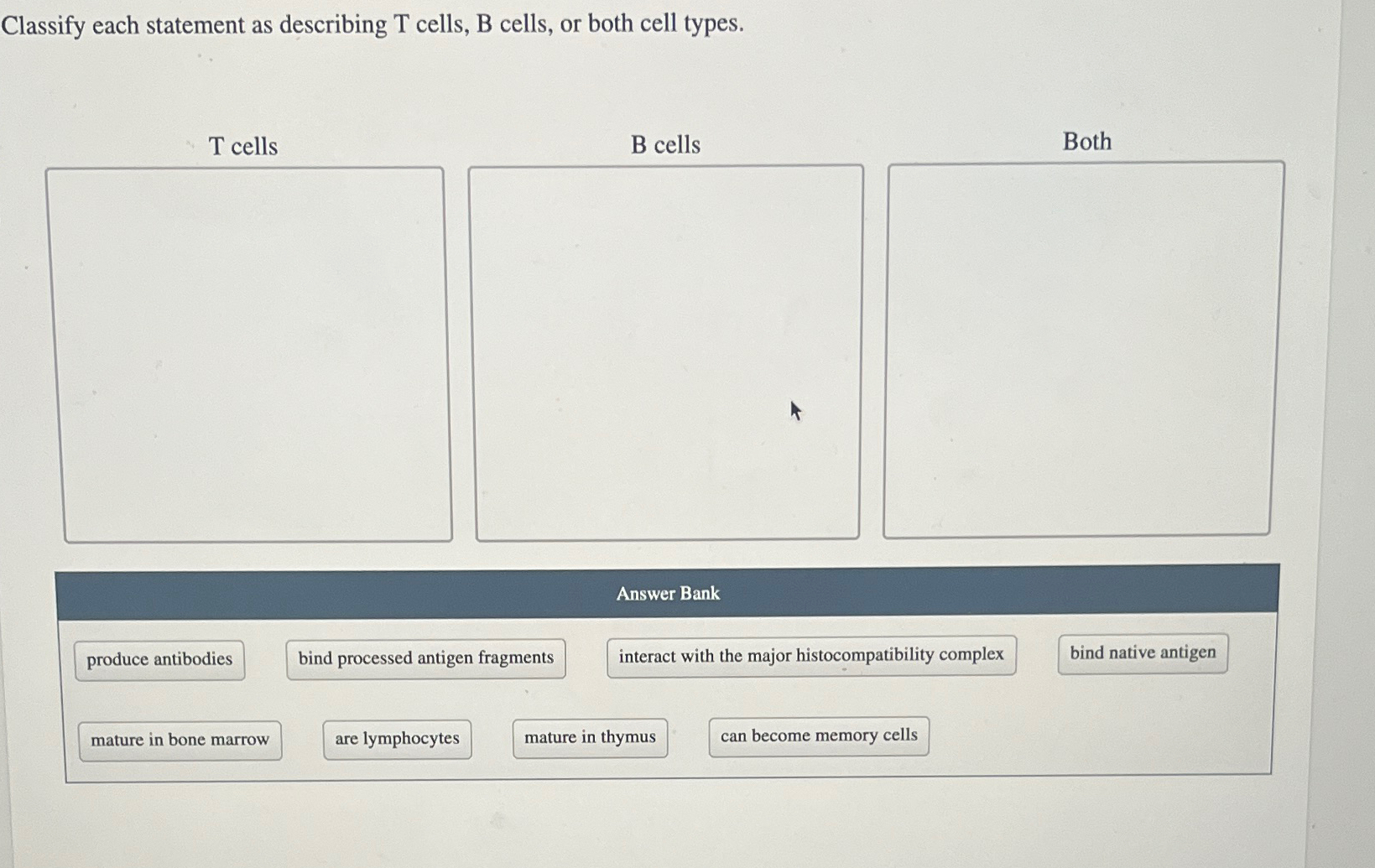 Solved Classify each statement as describing T cells, B | Chegg.com