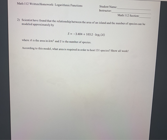 Solved Math 112 Written Homework: Logarithmic Functions | Chegg.com