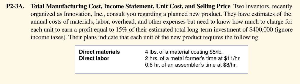Solved P2-3A. ﻿Total Manufacturing Cost, Income Statement, | Chegg.com