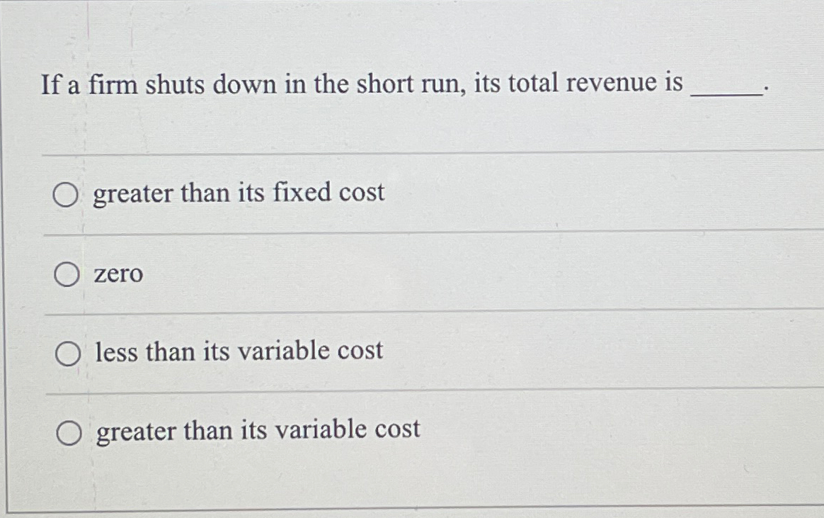 Solved If a firm shuts down in the short run, its total | Chegg.com