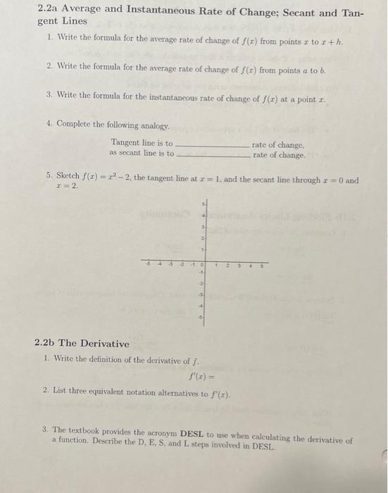 Solved 2.2a Average and Instantaneous Rate of Change; Secant | Chegg.com