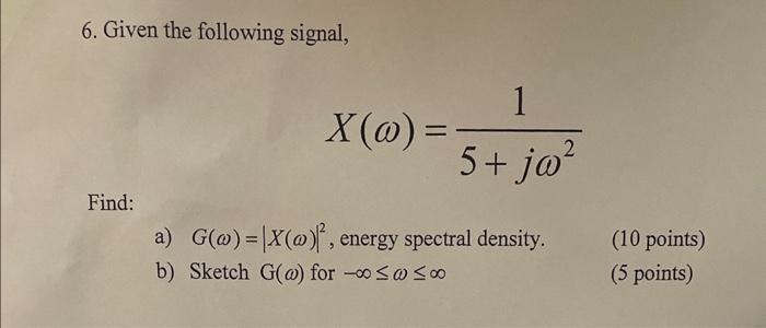 Solved 6. Given the following signal, X(ω)=5+jω21 Find: a) | Chegg.com
