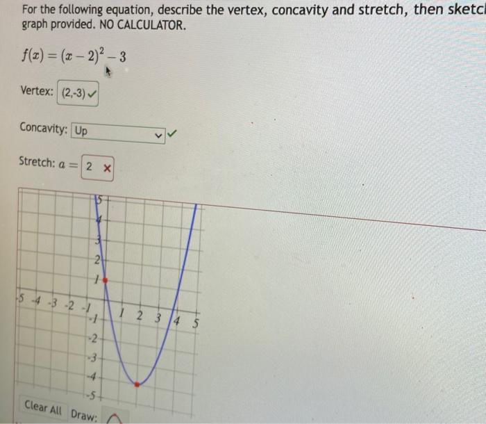 Solved For the following equation, describe the vertex, | Chegg.com