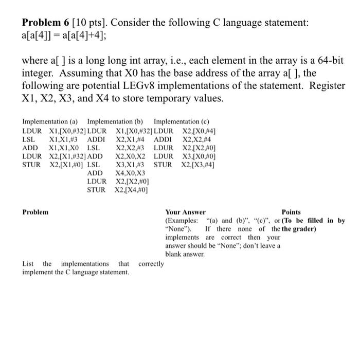 Problem 6 [10 pts). Consider the following C language | Chegg.com