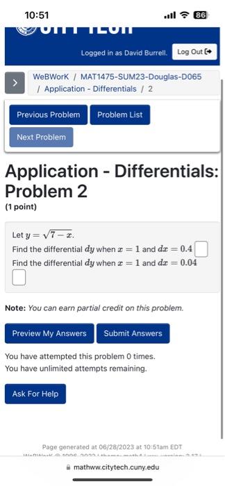 Solved Application - Differentials: Problem 2 (1 point) Let | Chegg.com